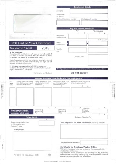 2020 HMRC P60 Year End Forms. Single or two part options available.