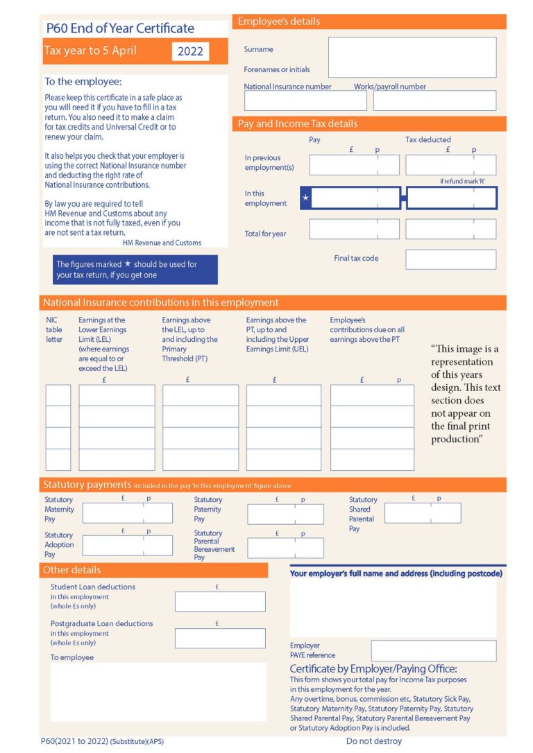 2022 HMRC P60 Year End Forms. Single part available.