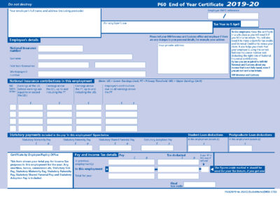 2020 HMRC P60 Year End Forms. Single or two part options available.