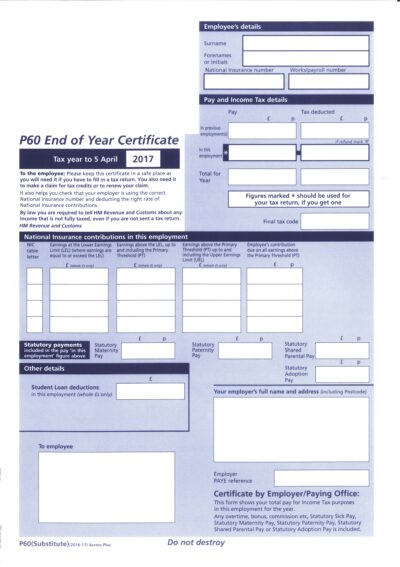 P60 Year End Forms for tax year ending April 2018