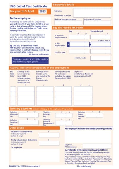 2023 HMRC P60 Year End Forms. Single part available.