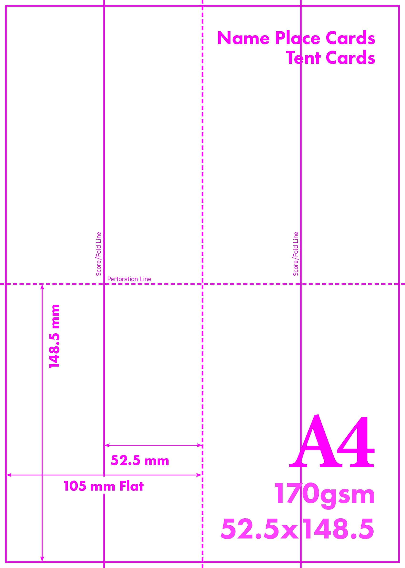 A4 NAME PLACE CARDS - 4 cards size 52.5 mm x 148.5 mm - 170 GSM